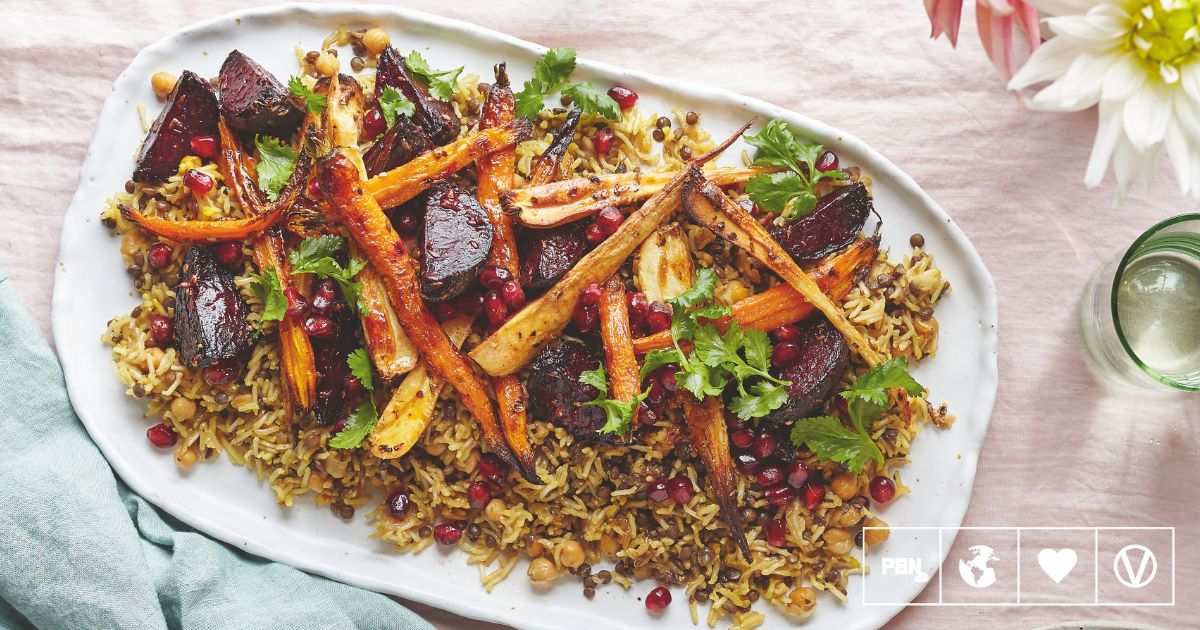 Rice and Lentils With Tahini Roasted Root Veg
