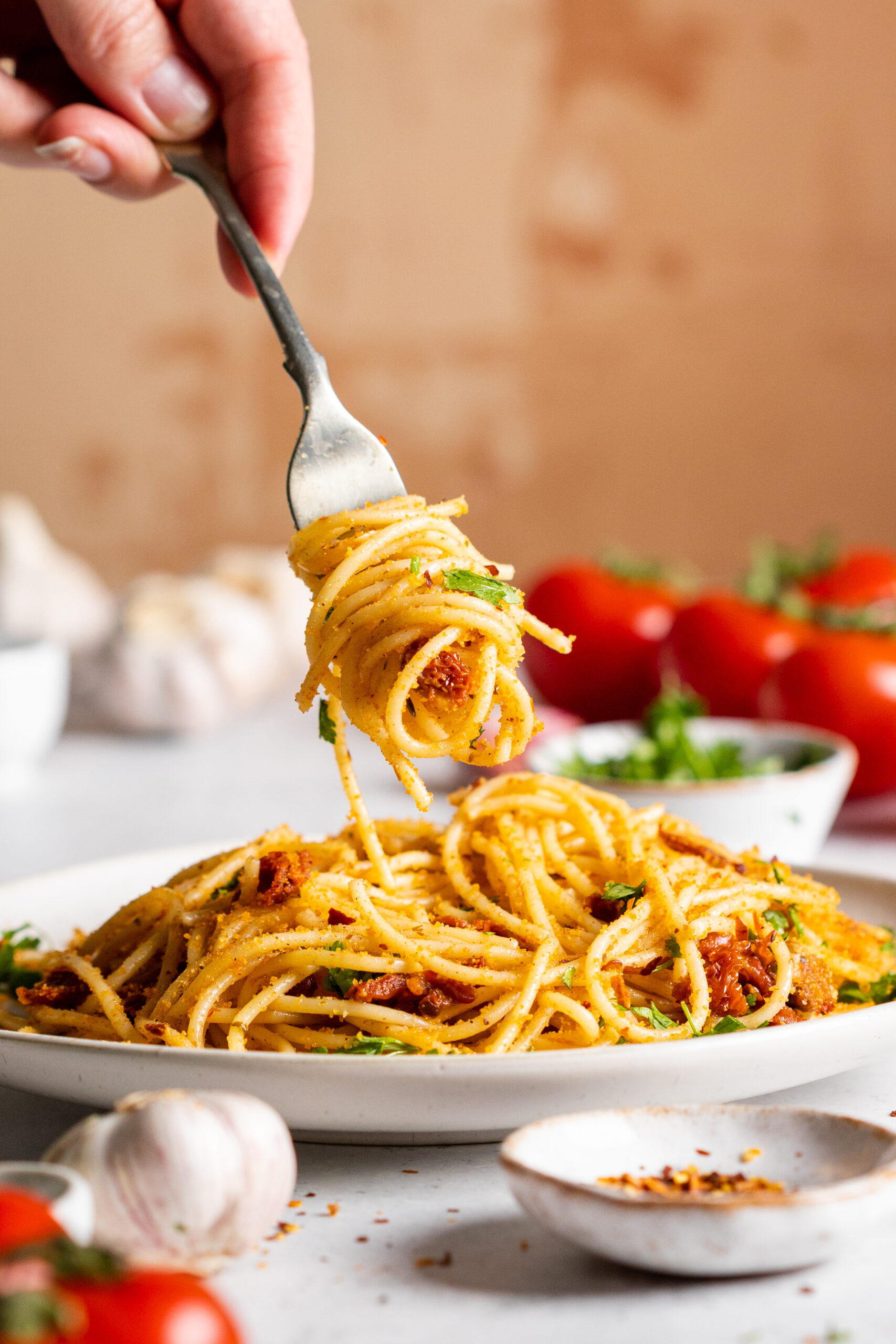 Spaghetti With Garlic, Oil, Chili, and Breadcrumbs